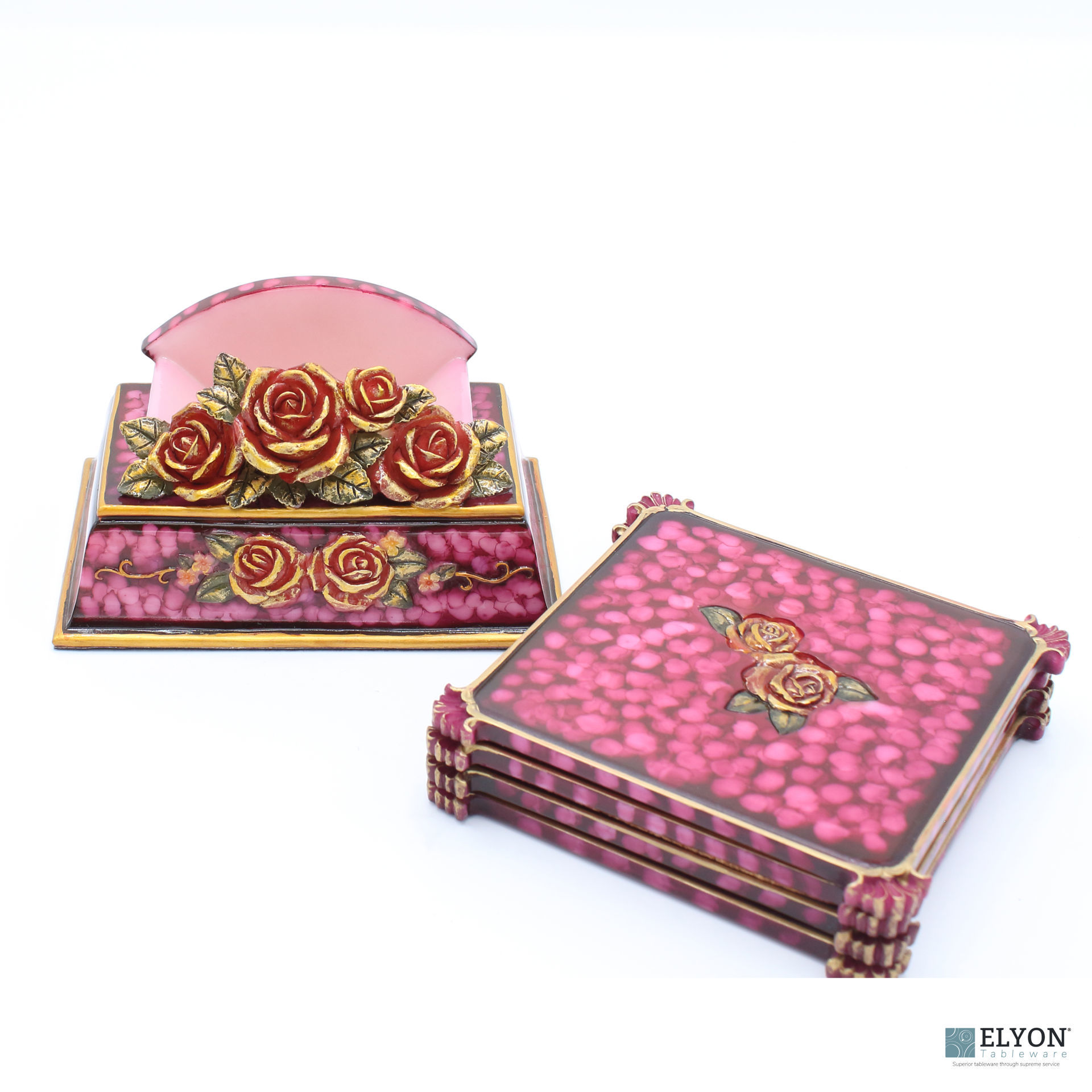 Hand Painted Resin 3D Floral Roses Coaster Set, Stand with 4 Coasters ...