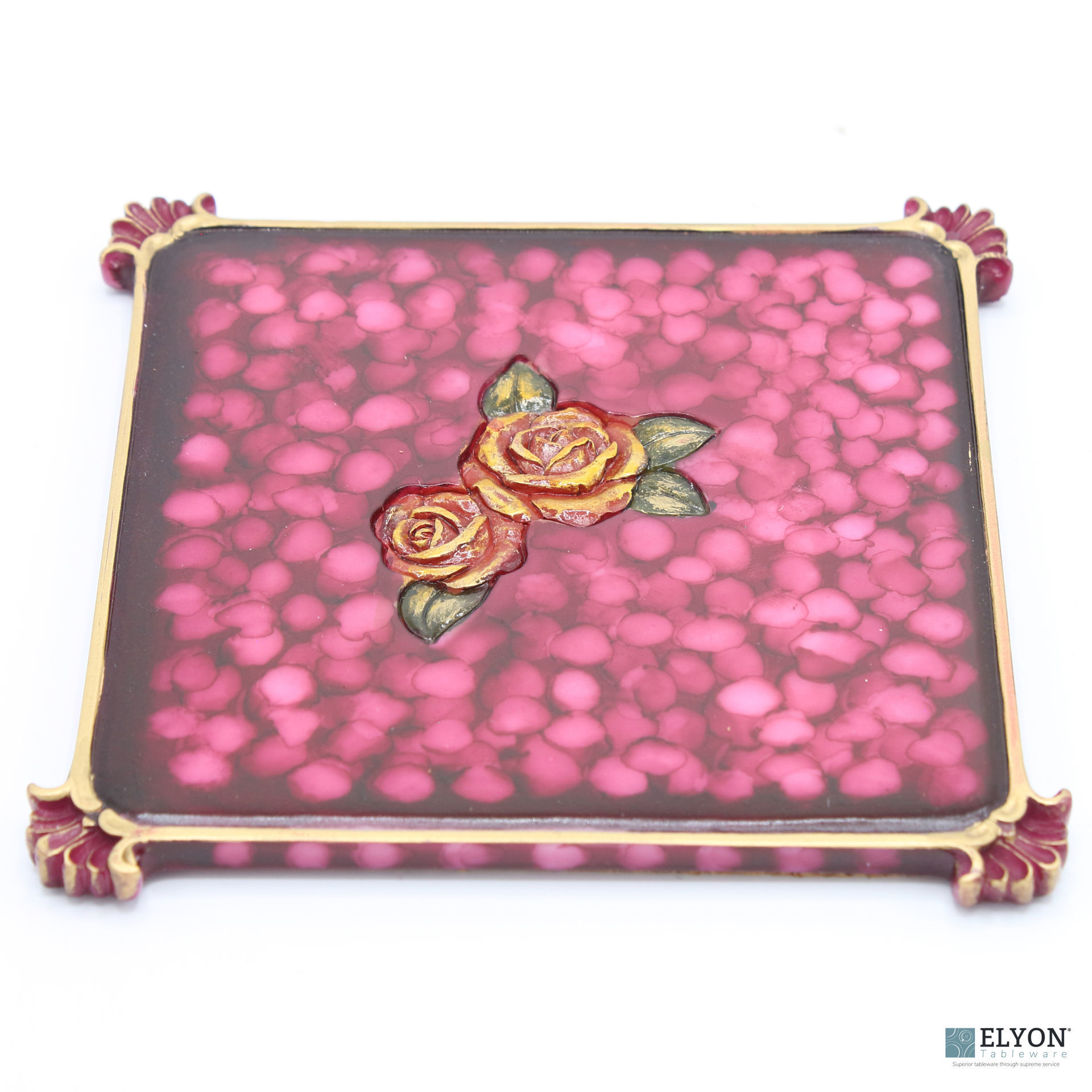 Hand Painted Resin 3D Floral Roses Coaster Set, Stand with 4 Coasters ...