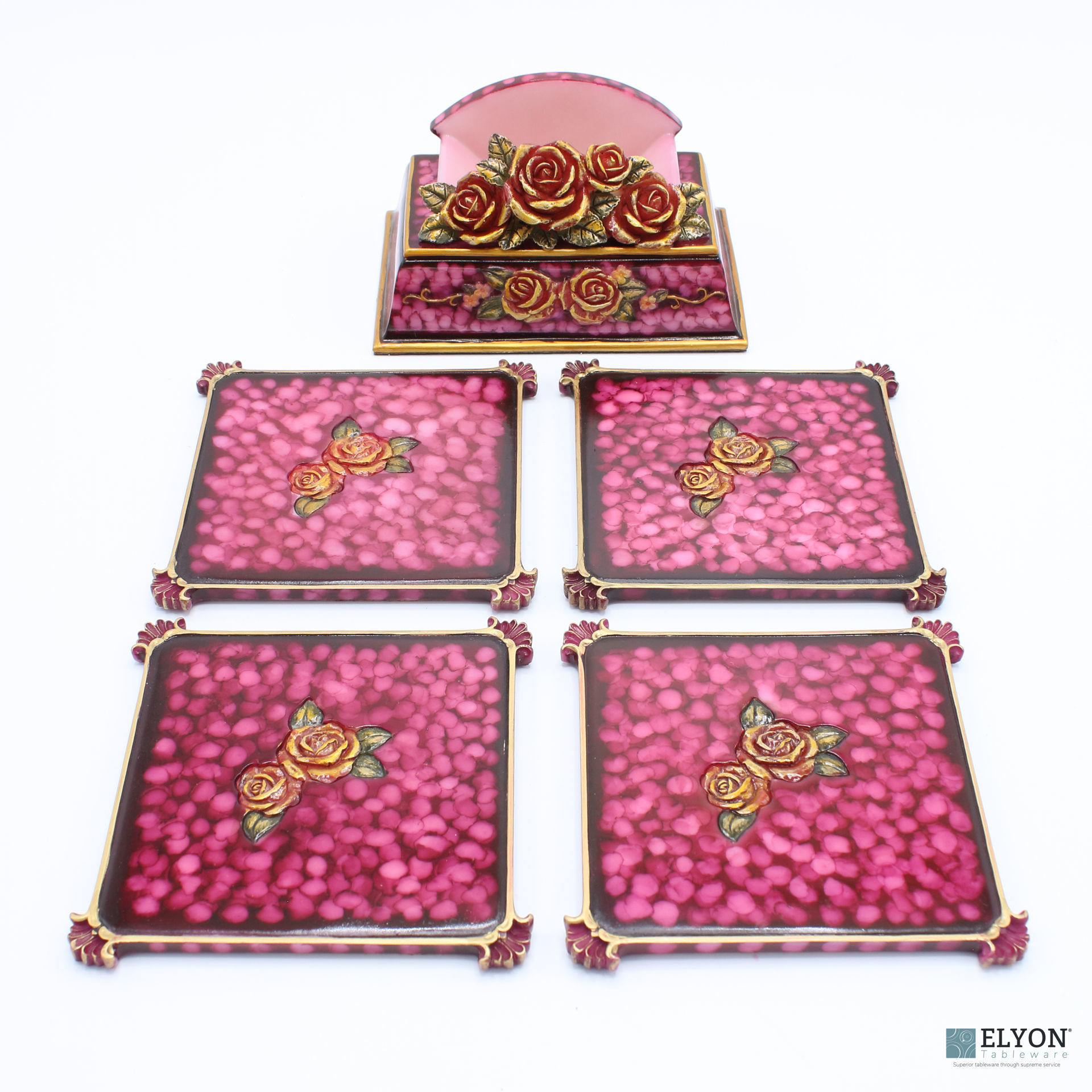 Hand Painted Resin 3D Floral Roses Coaster Set, Stand with 4 Coasters ...