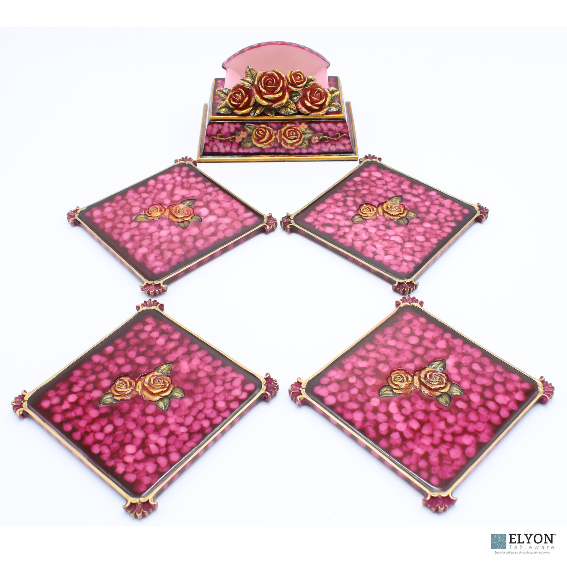 Hand Painted Resin 3D Floral Roses Coaster Set, Stand with 4 Coasters ...