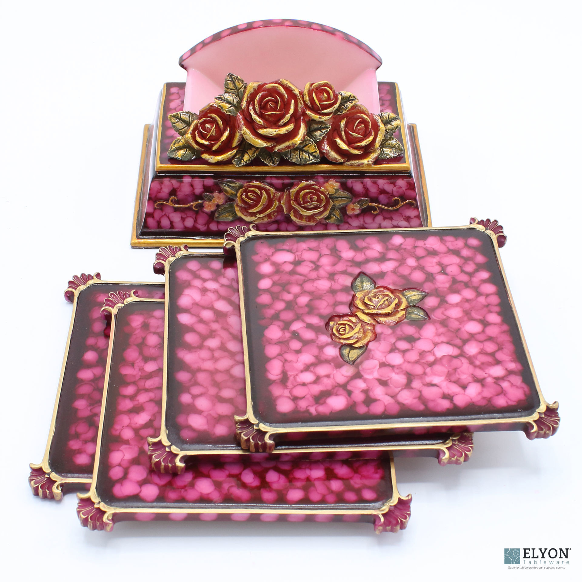 Hand Painted Resin 3D Floral Roses Coaster Set, Stand with 4 Coasters ...